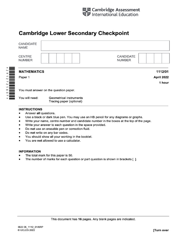 Cambridge Lower Secondary Checkpoint Mathematics Paper 1 | PDF