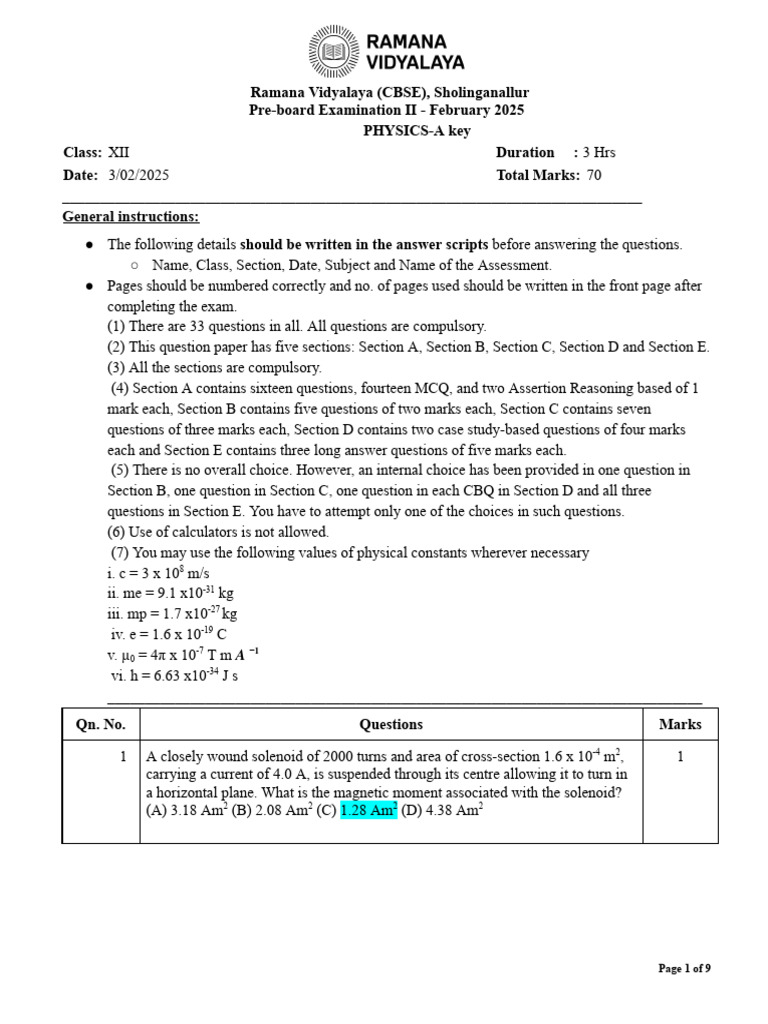 Xii Pb2 Akey Physics Feb 2025 (2).Docx | PDF | Photoelectric Effect | Magnetism