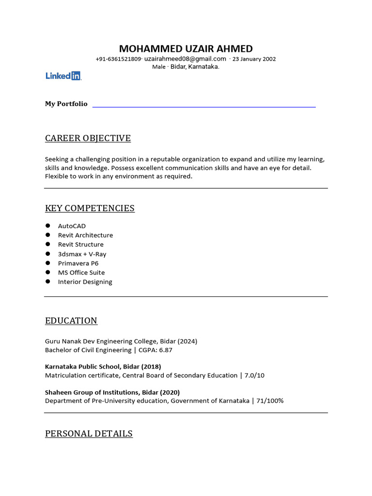 Civil Engineering Graduate Resume | PDF | Autodesk Revit | Knowledge