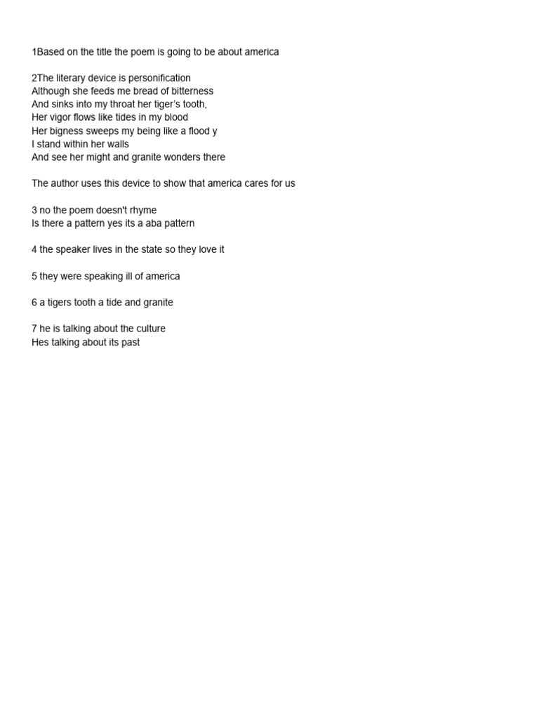 Trysten Howard - America Poem Answers - 19902362 | PDF