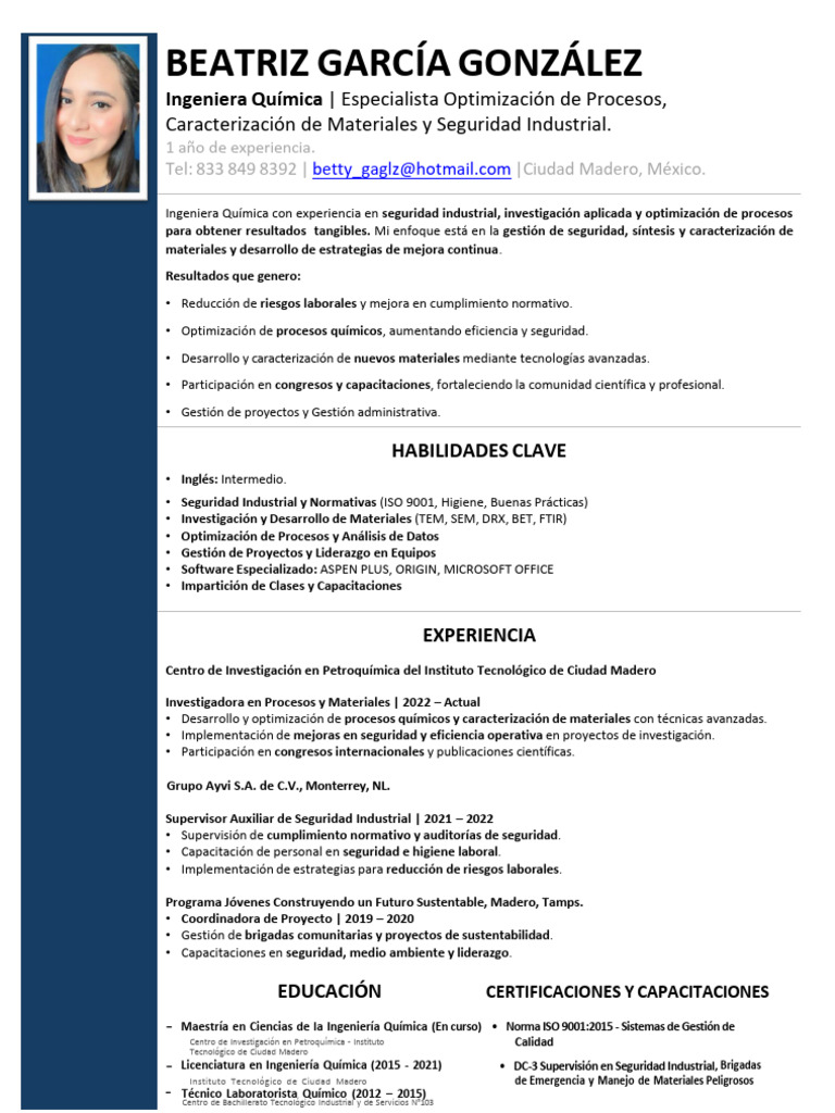 CV Beatriz García 2025. | PDF | Ingeniería Química | Gestión de proyectos