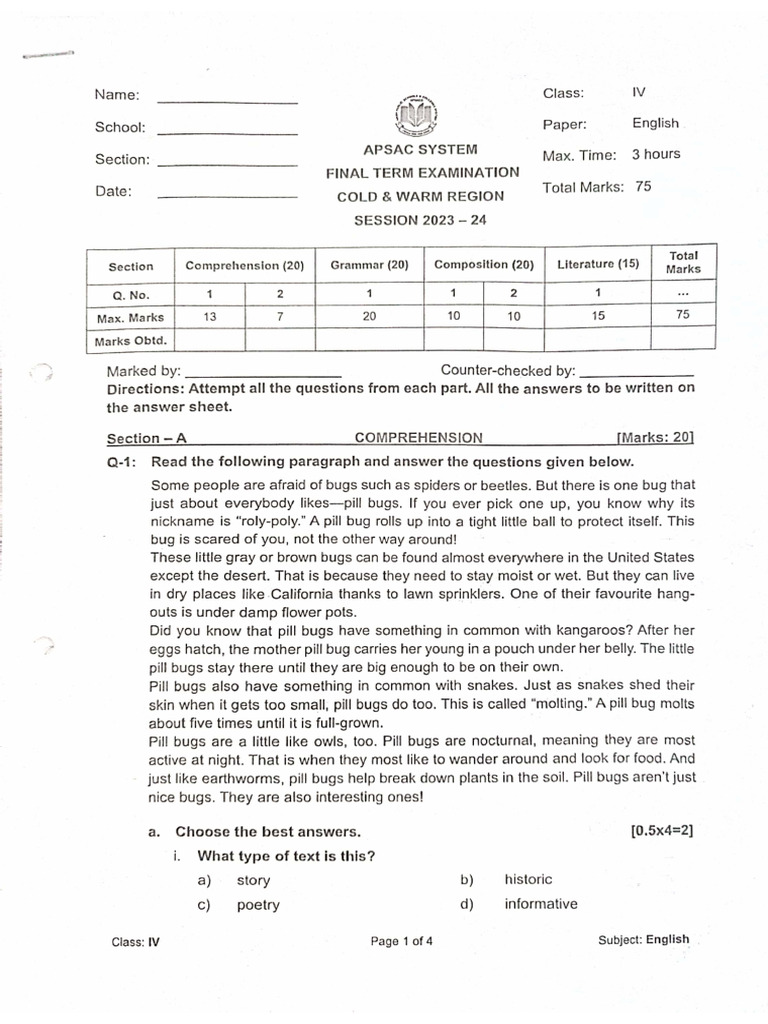 Final Term Exam Class IV | PDF