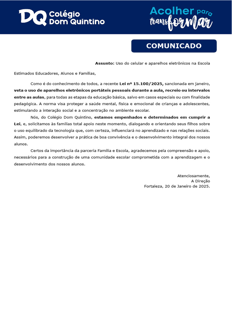 Comunicado Uso Do Celular Na Escola | PDF
