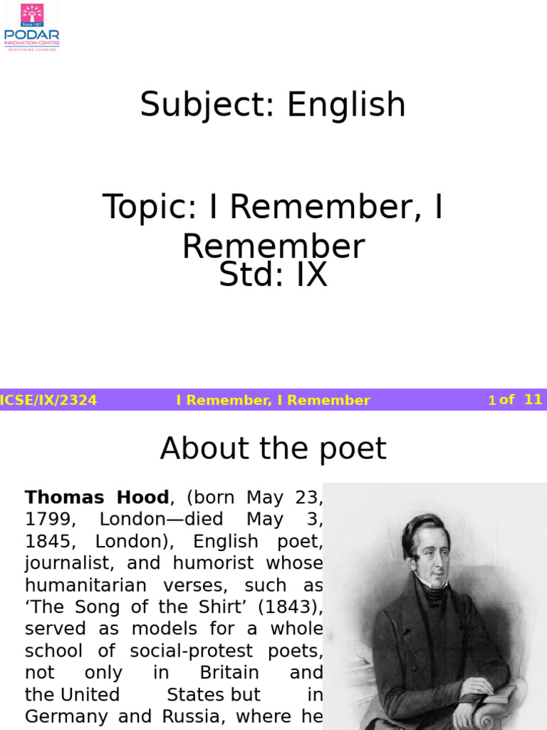 ICSE_IX_Eng_I Remember I Remember | PDF | Poetry