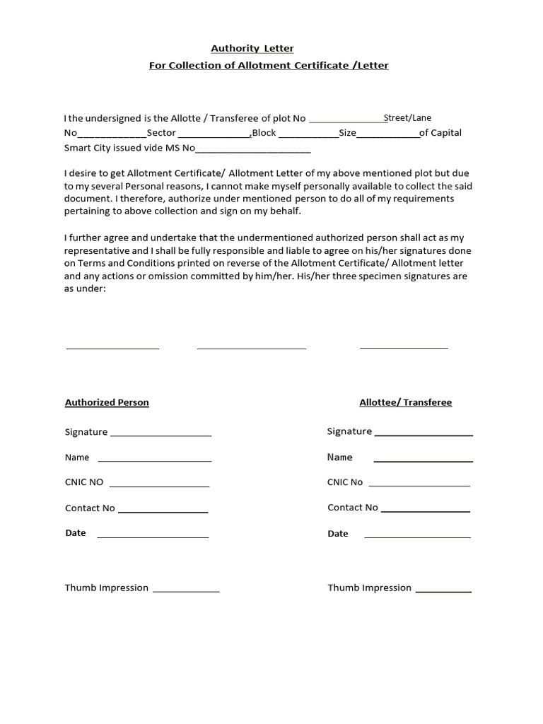 Authority Letter for Allotment Certificate | PDF