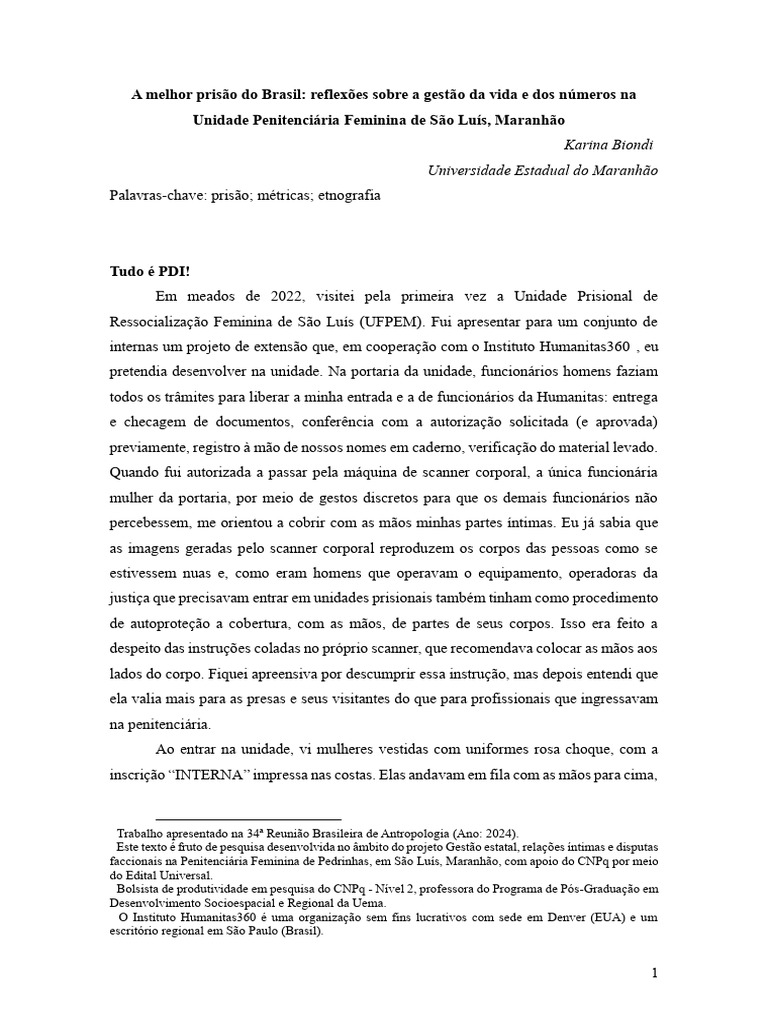 A Melhor Prisão Do Brasil: Reflexões Sobre A Gestão Da Vida e Dos ...