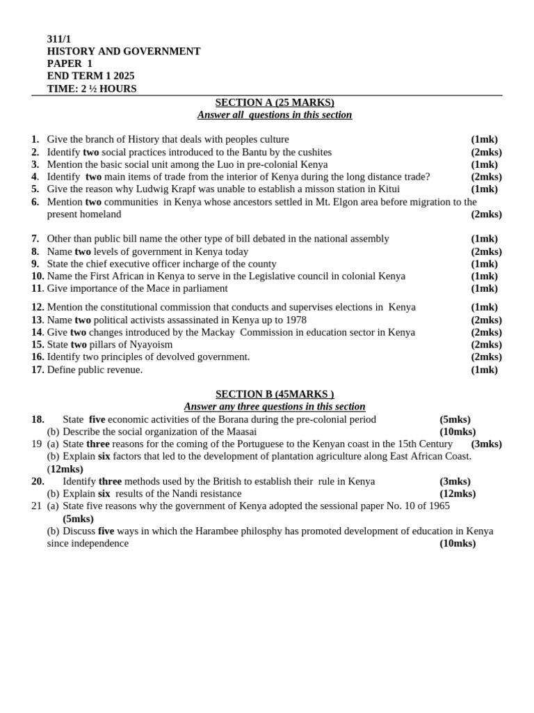 History & Government F4 PP1 QS | PDF | Kenya