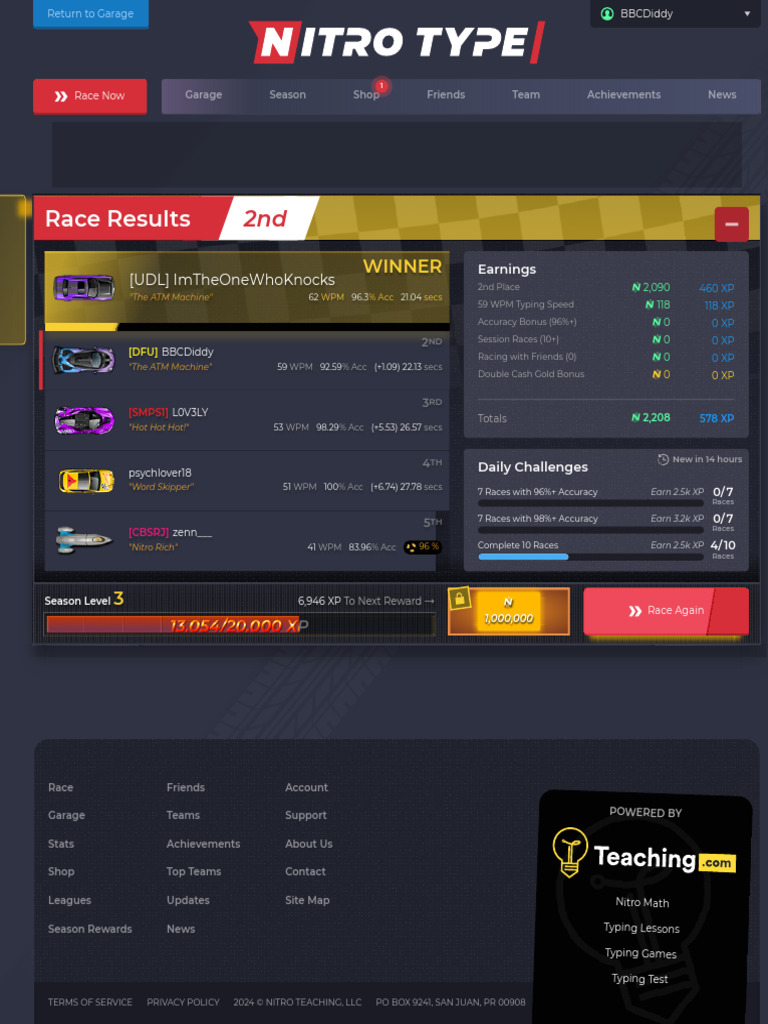 Nitro Math Racing Stats & Rewards | PDF | Text