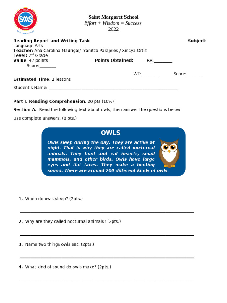 Reading and Writing Task II Trimester | PDF | Owl | Penguin