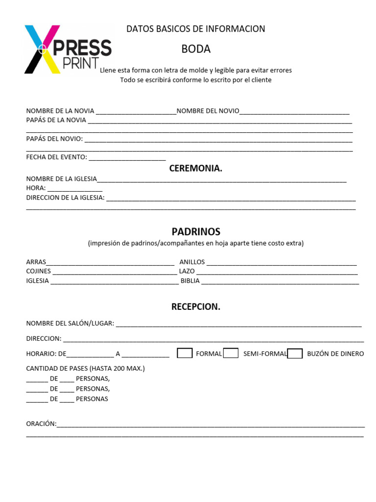 DATOS BASICOS DE INFORMACION BODA | PDF