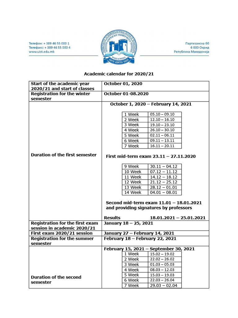 UIST-Academic-calendar-2020-2021-EN | PDF | Academic Term | Europe