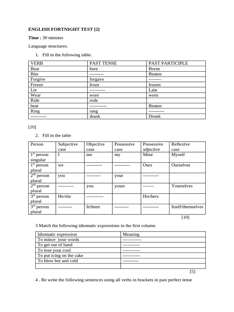 English Fortnight Test Form 2 | PDF | Verb | English Language