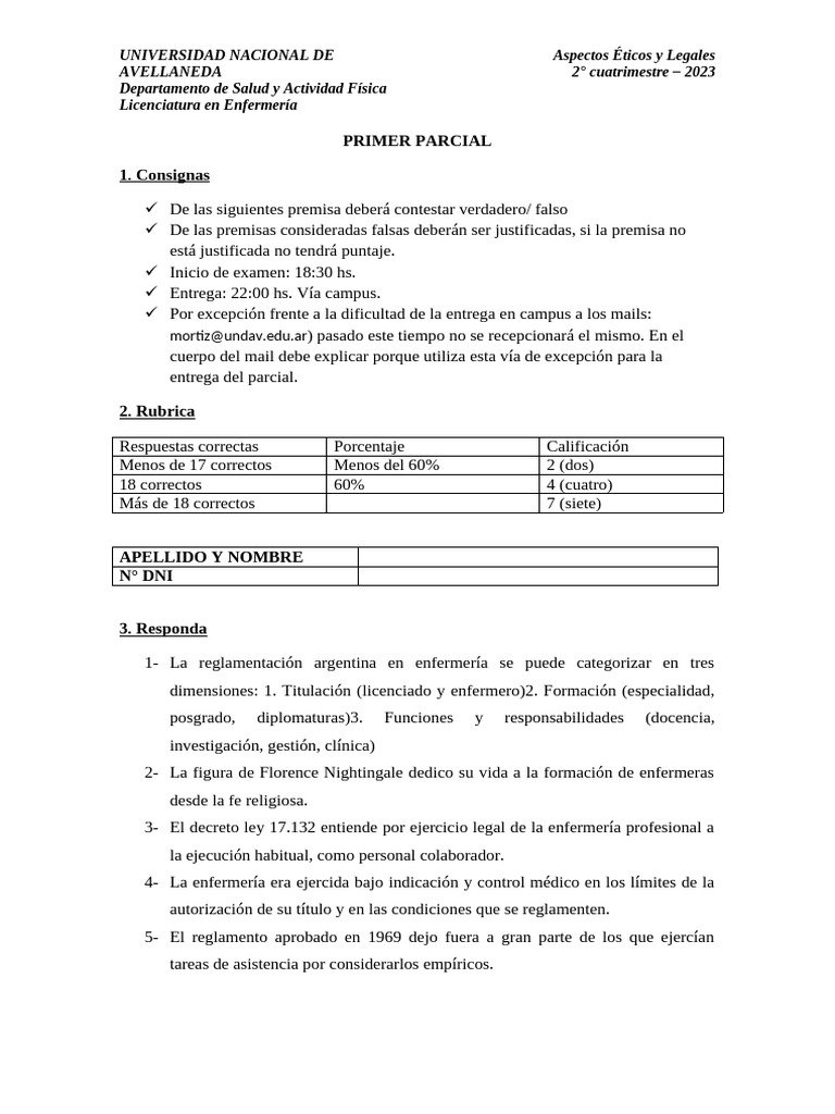 Primer Parcial AEL 2° Cuatr. 2023 Turno Noche | PDF | Enfermería | Derechos humanos