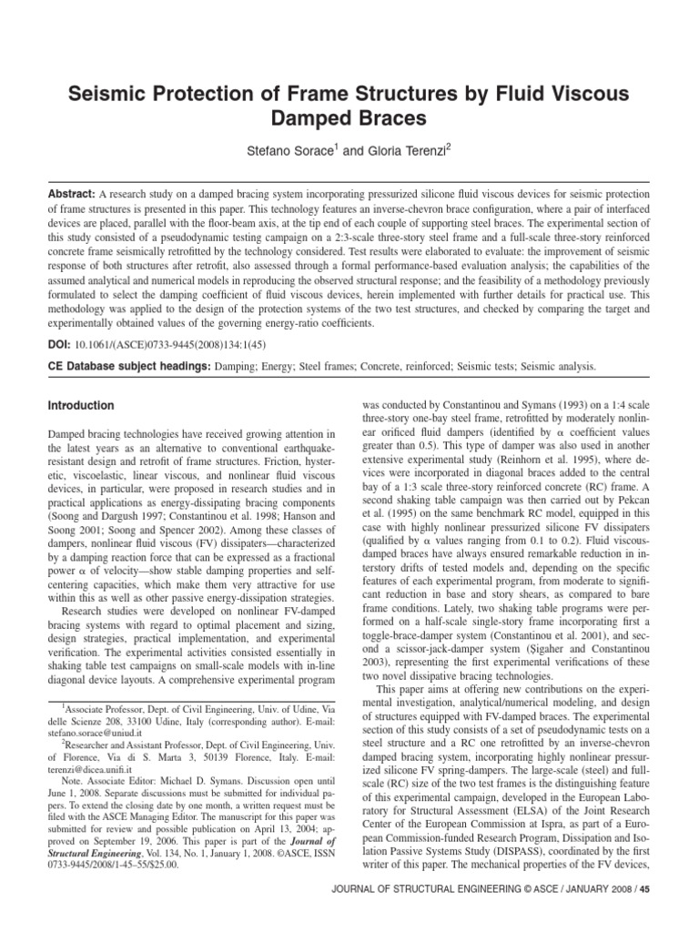 Seismic Protection of Frame Structures by Fluid Viscous Damped Braces | PDF | Viscosity | Force