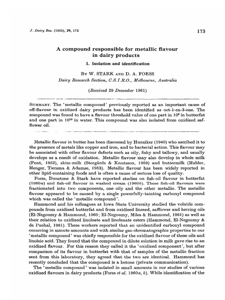 A Compound Responsible For Metallic Flavour in Dairy Products Isolation ...