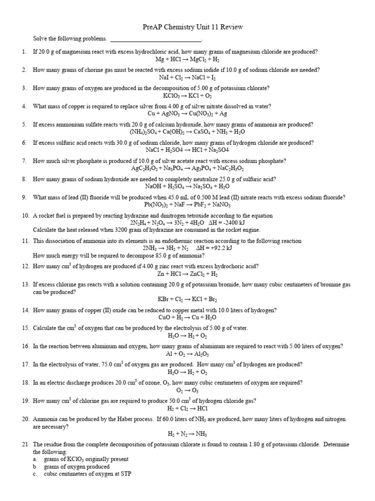 PreAP Chemistry Unit 11 Review Problems | PDF | Chlorine | Ammonia