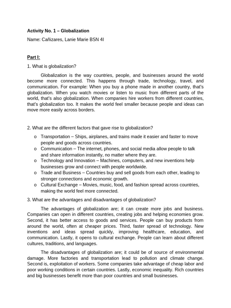Activity No. 1 Globalization | PDF | Globalization | Nursing
