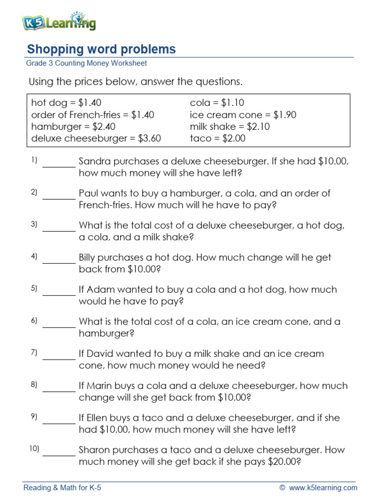 Grade 3 Money Math Problems | PDF | Fast Food | Convenience Food