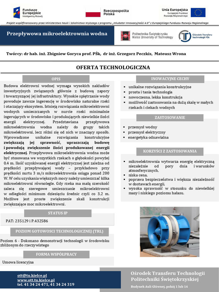 Oferta Technologiczna - Przeplywowa Mikroeletrownia Wodna | PDF