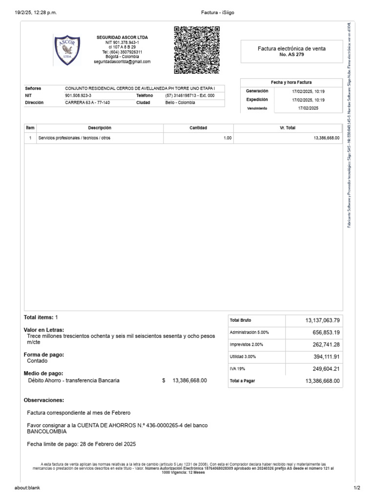 Factura AS 279 | PDF | Finanzas personales | Industrias de servicio