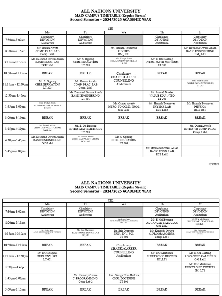 All Nations University Timetable 2024/25 | PDF | Computing
