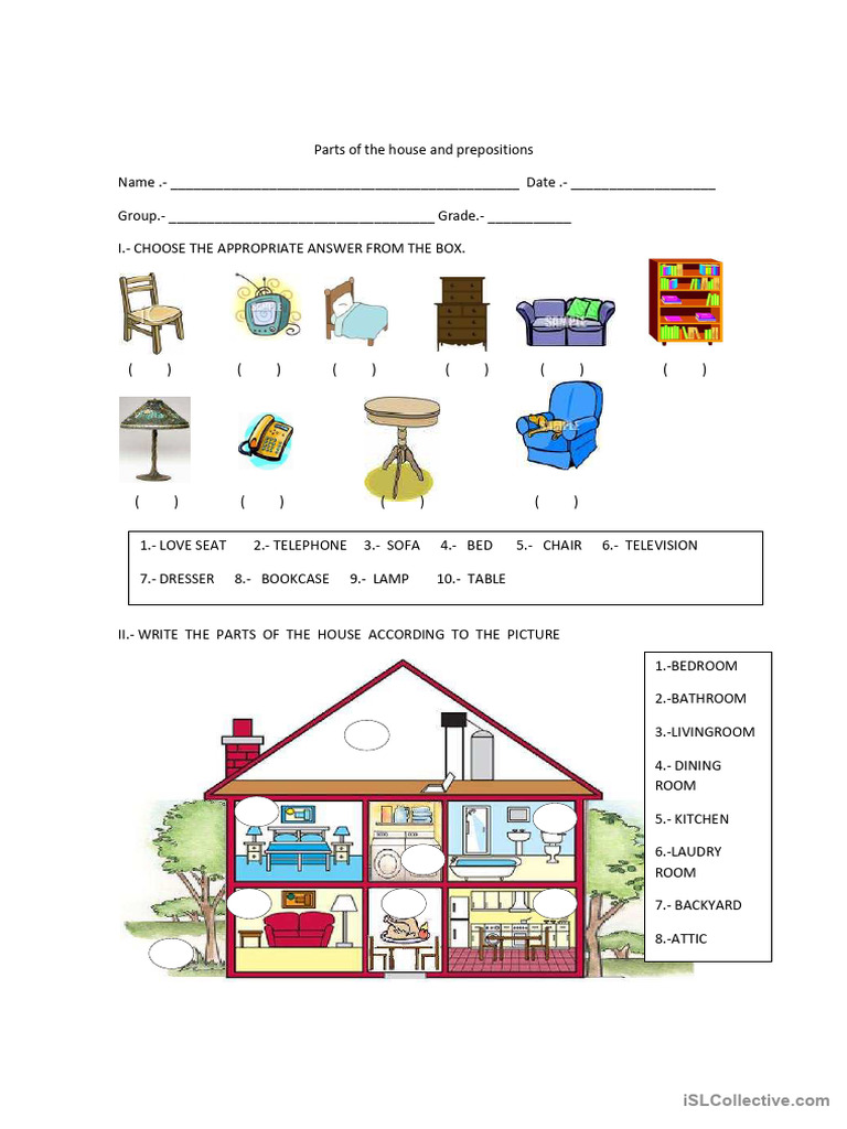 House Parts and Prepositions Worksheet | PDF | Bedroom | Furniture