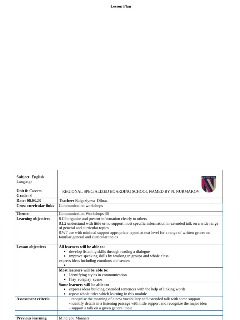 7.03 8TH Grade Lesson Plan | PDF