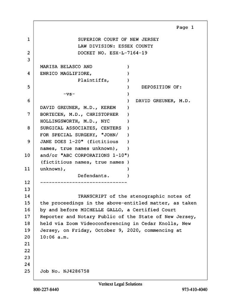 GREUNER 10-9-20 Belasco Case | PDF | Deposition (Law) | Surgery