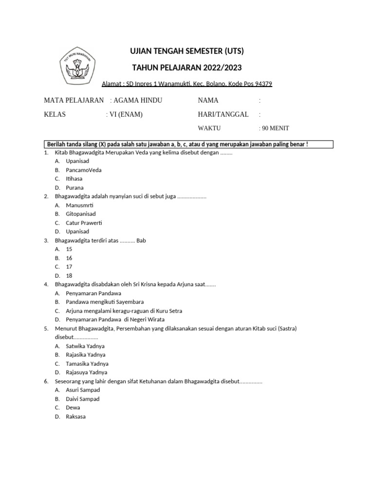 Soal Agama Hindu Uts KLS 6 | PDF