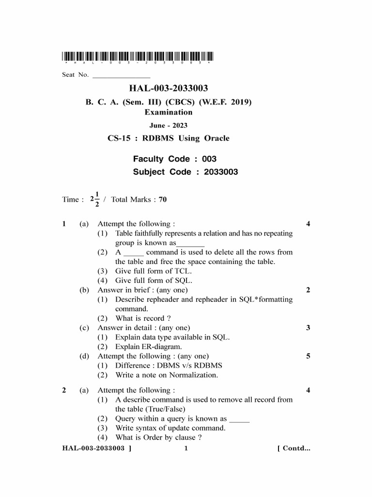 Bca Sem-3 (2019) (Suply) May-2023 Cs-15 Rdbms Using Oracle | PDF | Pl ...