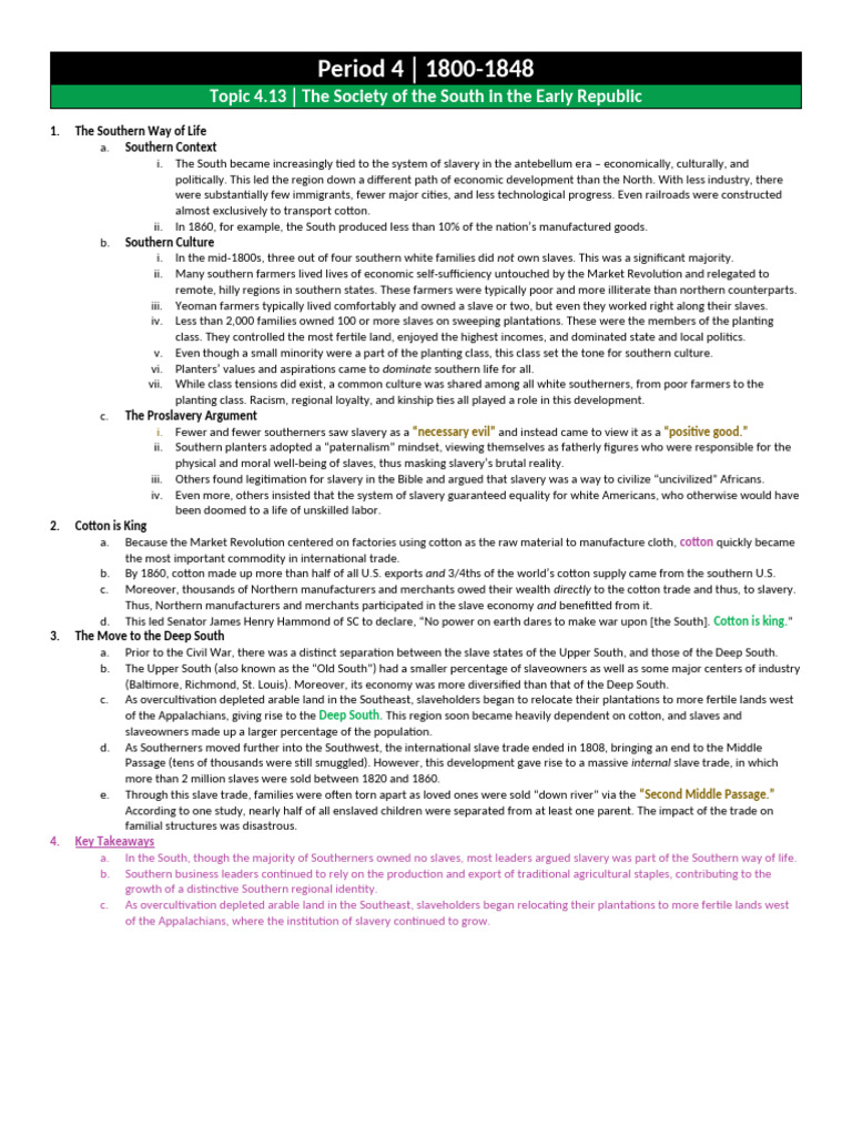 APUSH04.13 TheSouth Lecture | PDF | Southern United States | Slavery