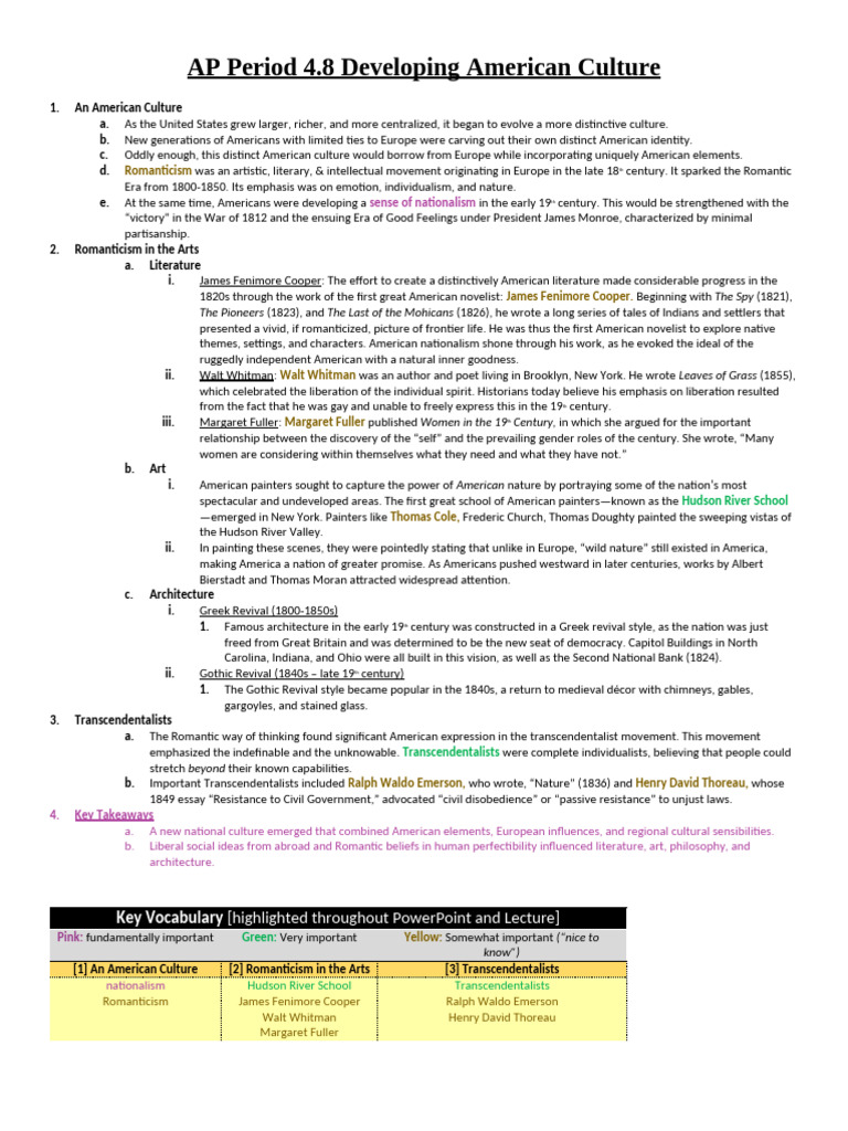 AP Period 4.8 Developing American Culture | PDF | Romanticism ...