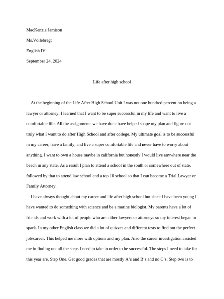Life After High School Essay | PDF