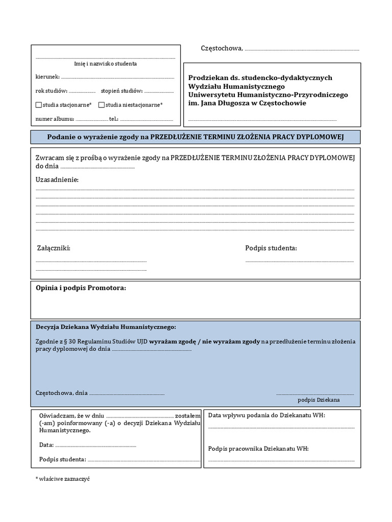 Podanie o Przedluzenie Terminu Zlozenia Pracy Dyplomowej | PDF