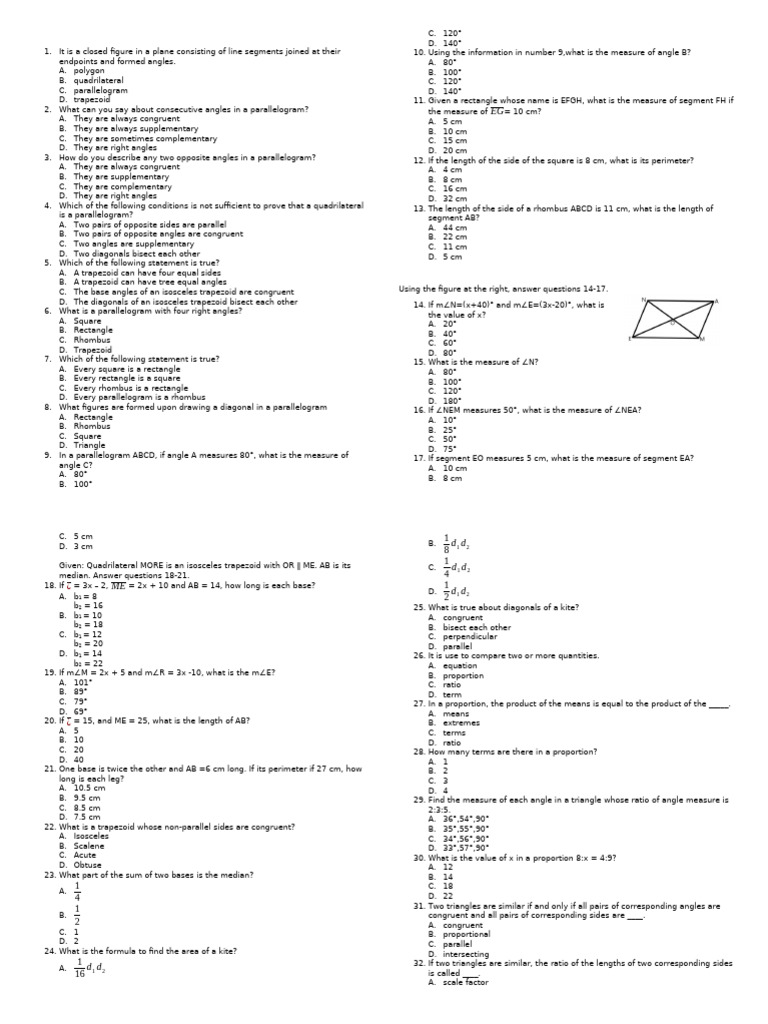 Geometry Quiz: Polygons and Angles | PDF | Rectangle | Triangle