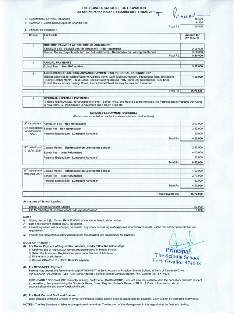Scindia School Gwalior Fee Structure 2024-25 | PDF | Banks | Cheque
