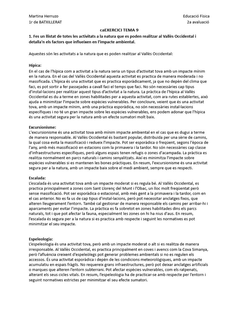 Educació Física, EXERCICI TEMA 9 | PDF