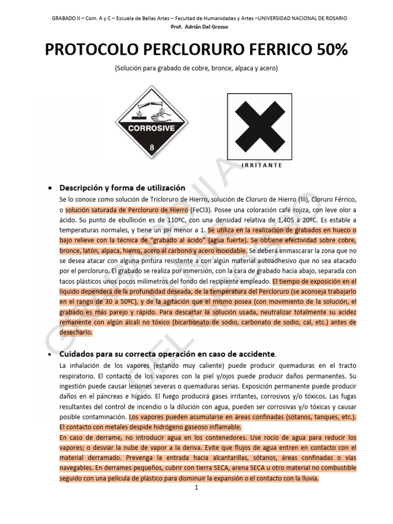 03-Protocolo Seguridad Percloruro Ferrico 50 | PDF | Agua | Compuestos ...