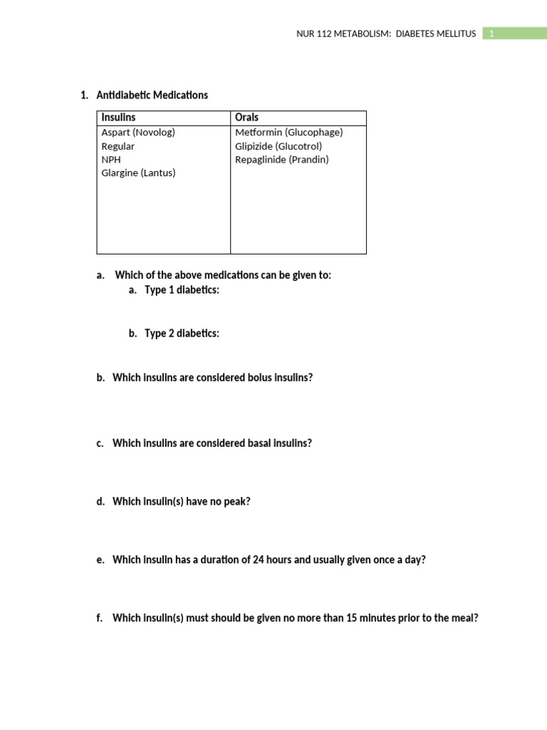 NUR 112 Diabetes Worksheet | PDF