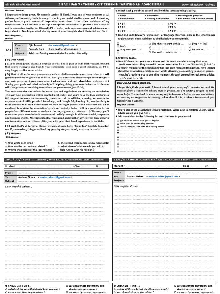 2 Bac. U7. Writing. Advice Email | PDF