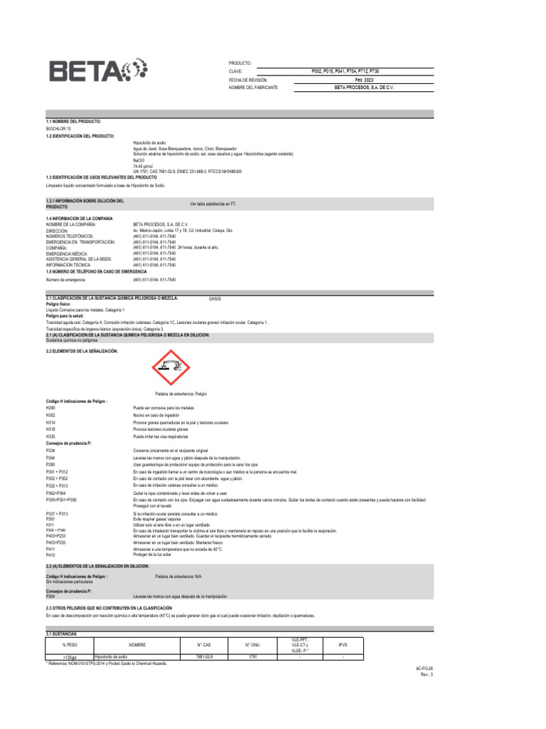 HDS Biochlor 13 | PDF | Agua | Cloro