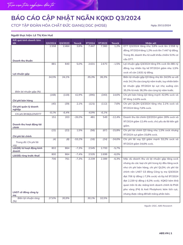 DGC Bao Cao Cap Nhat Ngan KQKD q3 2024 - 20241123100633 | PDF