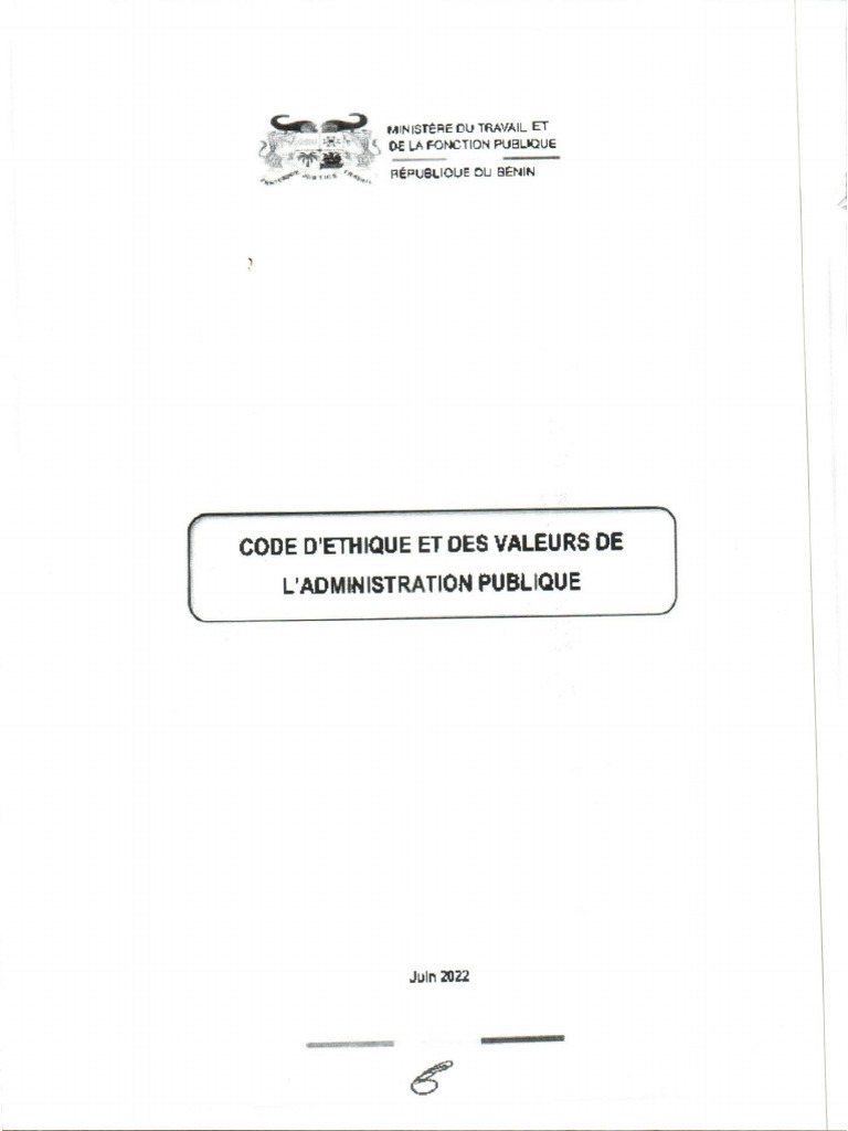 Code D'ethique Et Des Valeurs de L'administration Publique. | PDF