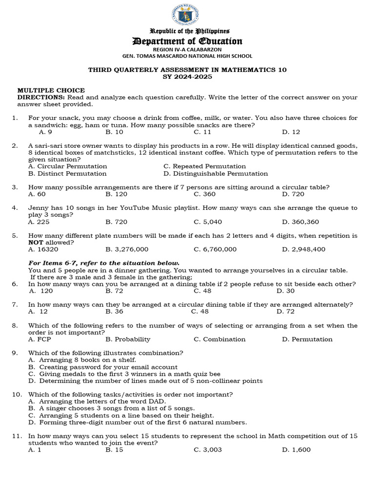 Third Monthly Examreviewer | PDF | Permutation