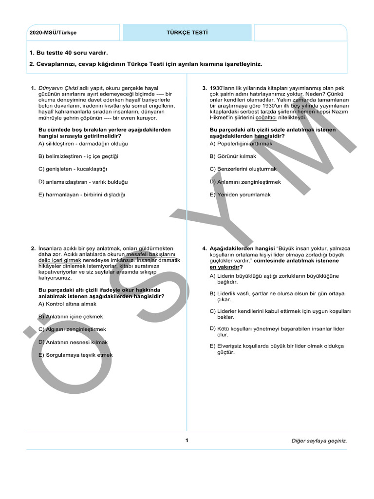 2020 MSU Sorular Sayfalar | PDF