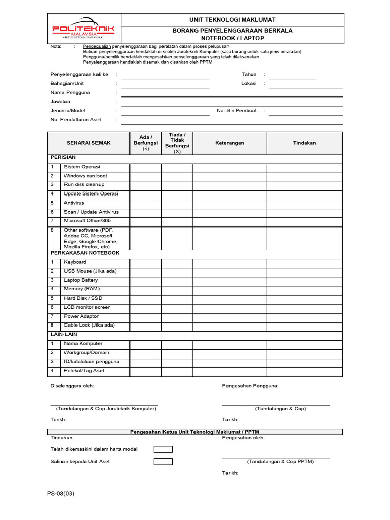 Borang Penyelenggaraan Berkala Laptop PS-0803 | PDF