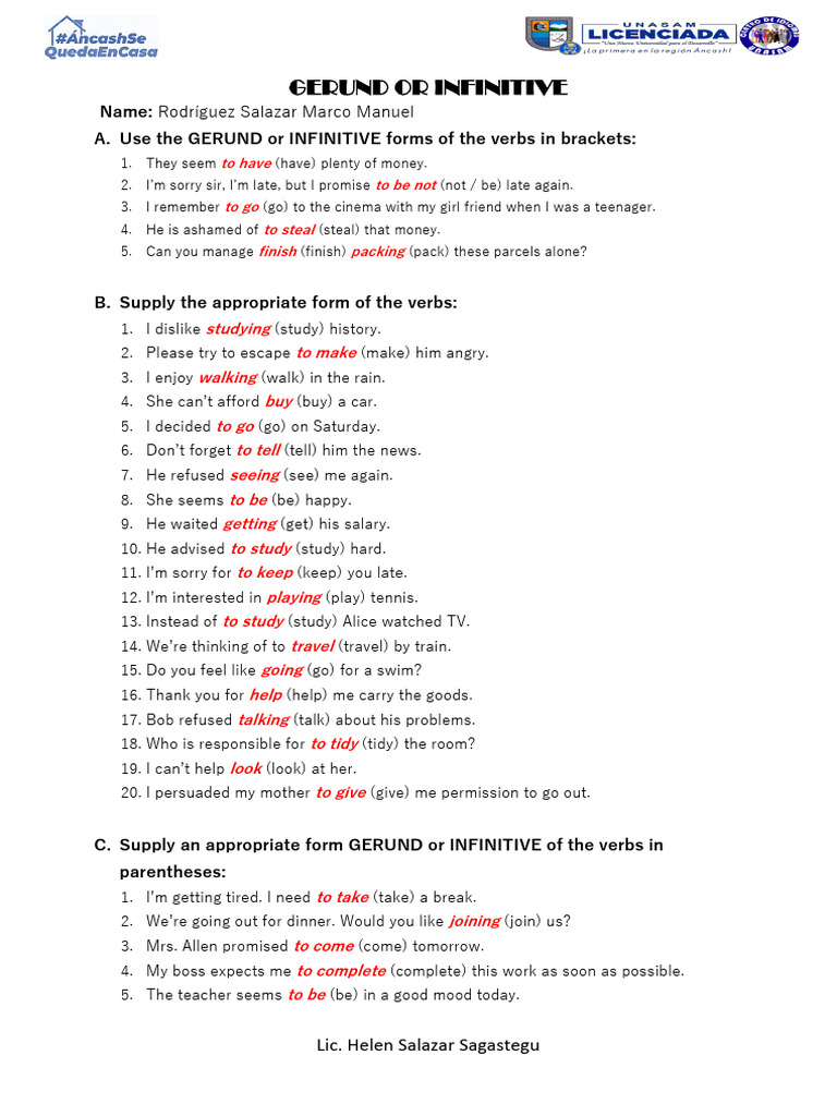 Gerund vs. Infinitive Exercises | PDF
