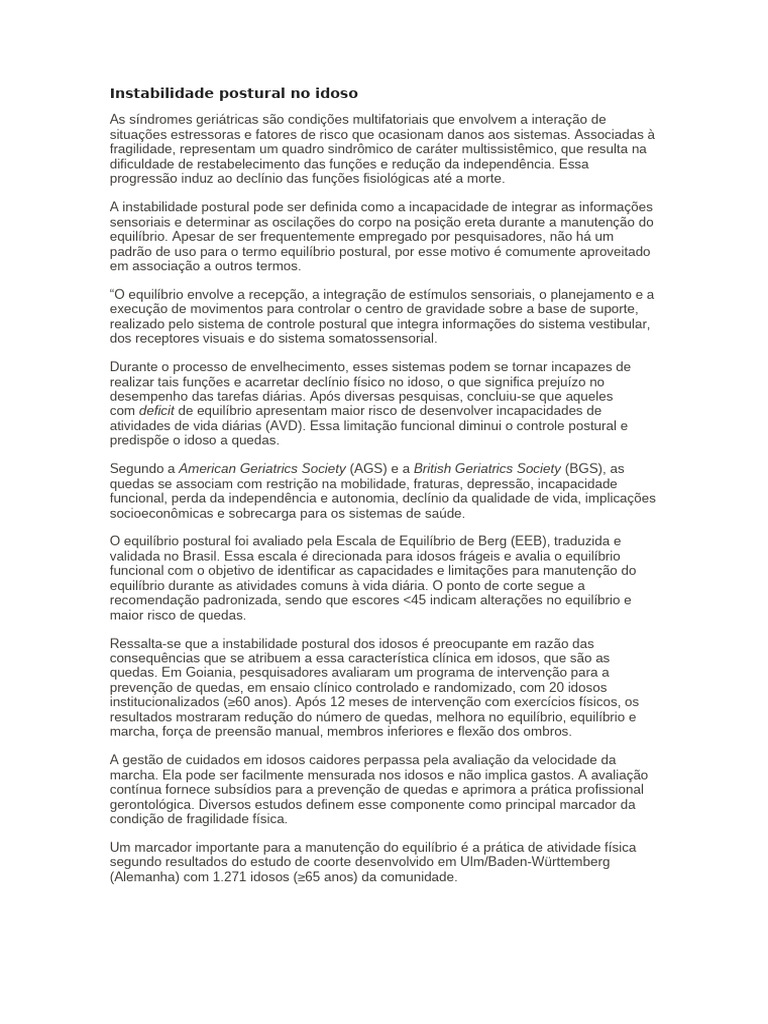 Instabilidade Postural em Idosos: Causas e Prevenção | PDF