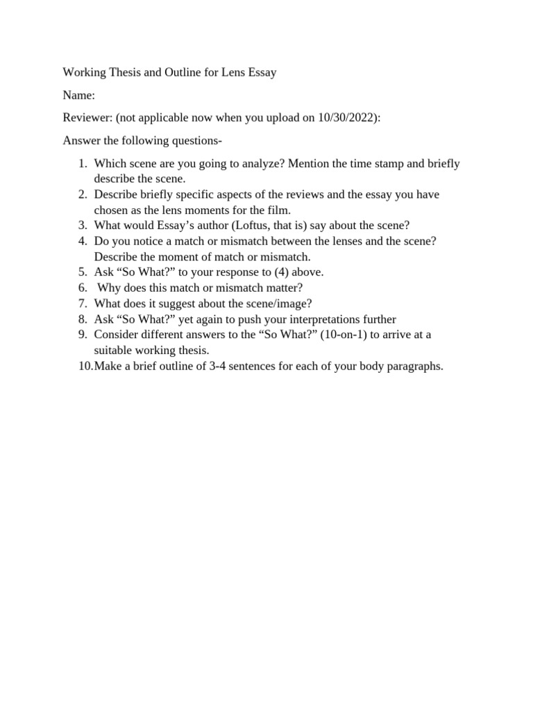 Working Thesis and Outline For Lens Essay | PDF