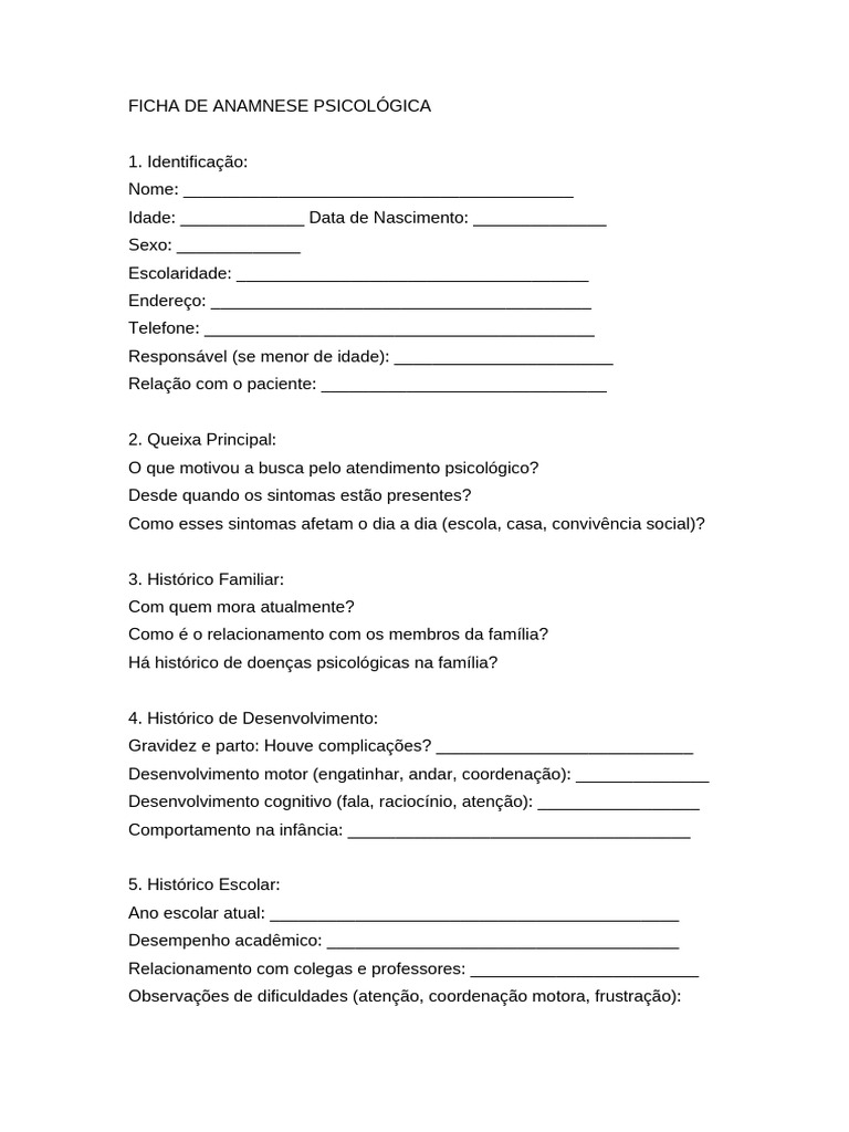 Ficha de Anamnese Psicológica | PDF